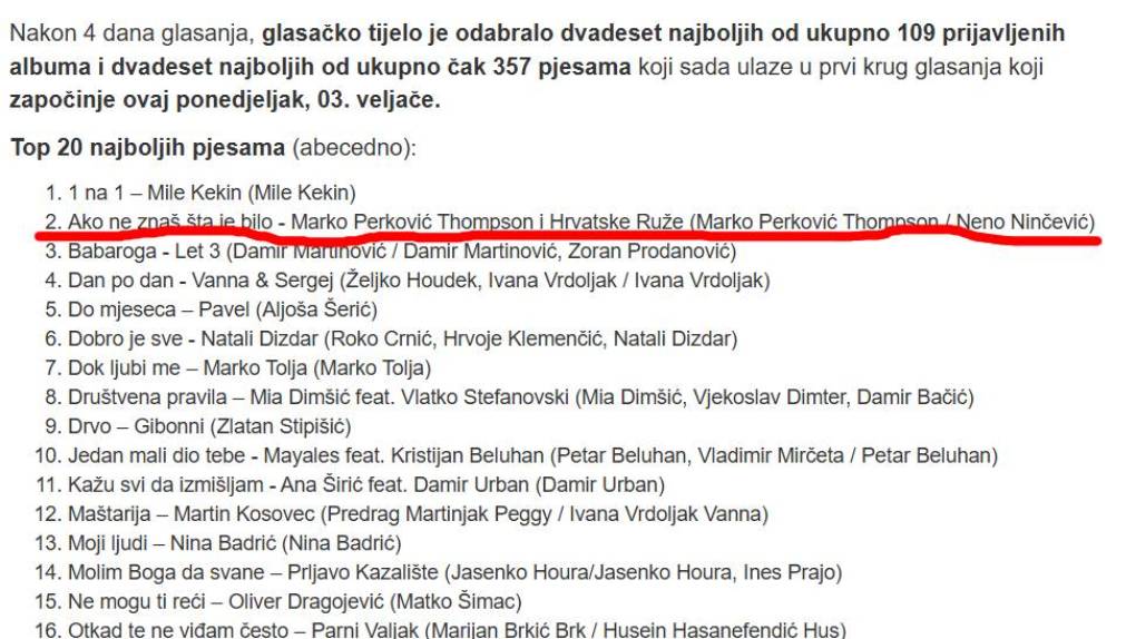 Thompson u prvom krugu glasanja za pjesmu godine – ako Porin ne zna šta je bilo - ravnododna